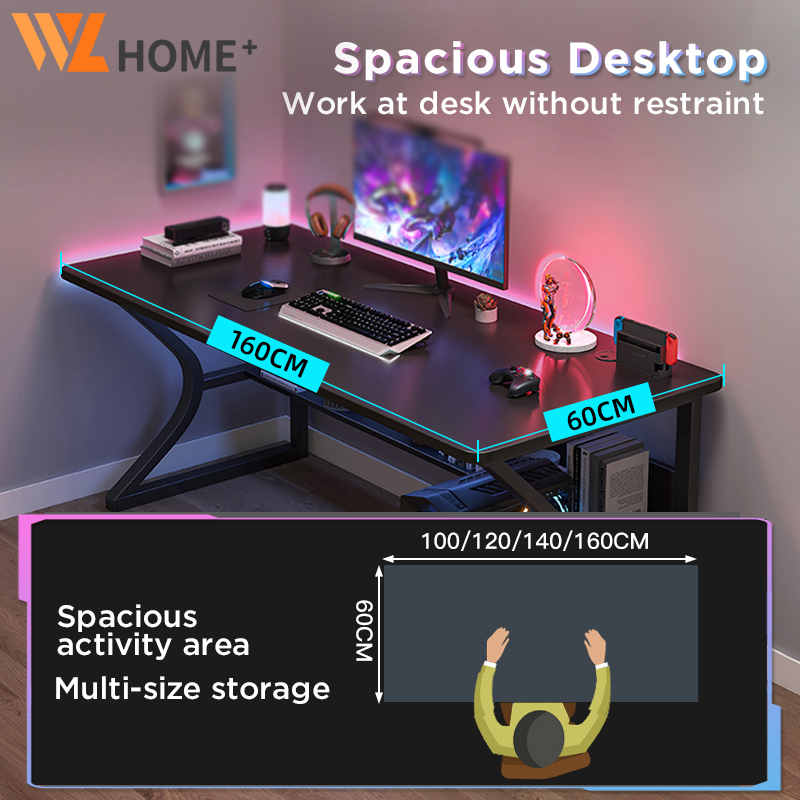 Meja Gaming Black Computer Table With Headphone Hook C-shape Legs Study ...