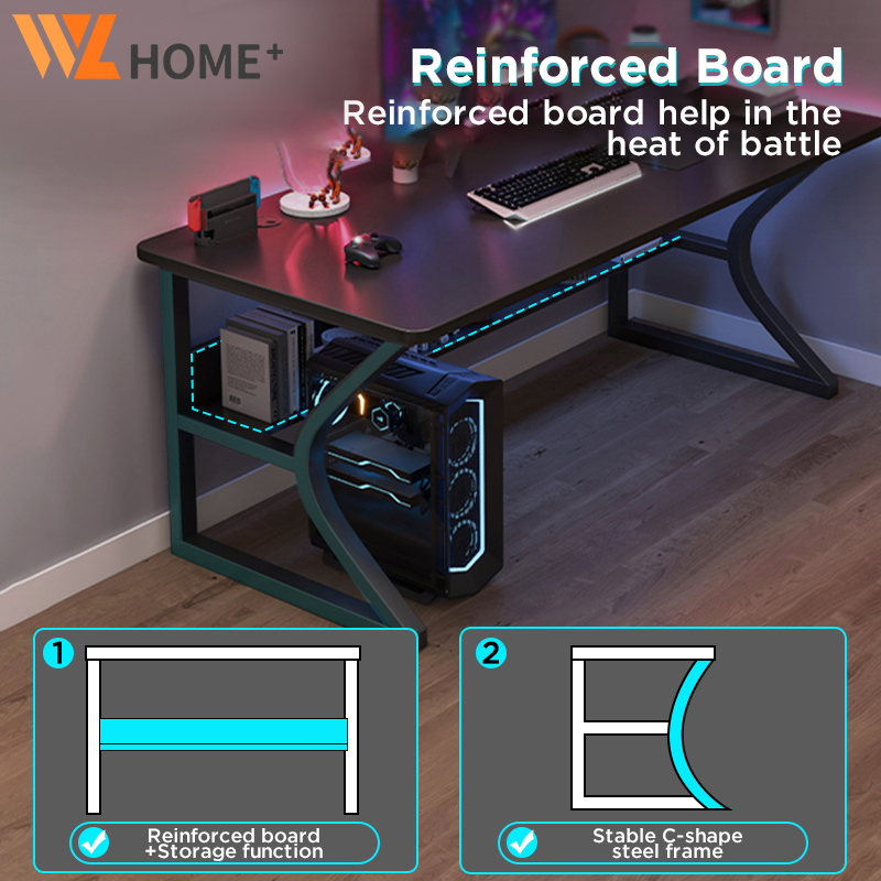Meja Gaming Black Computer Table With Headphone Hook C-shape Legs Study ...