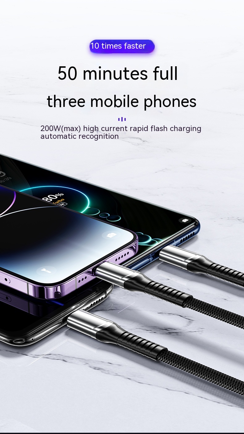 200W Duckbill Super Fast Charge Cable 3 In 1 Zinc Alloy Charger Cord 6A ...