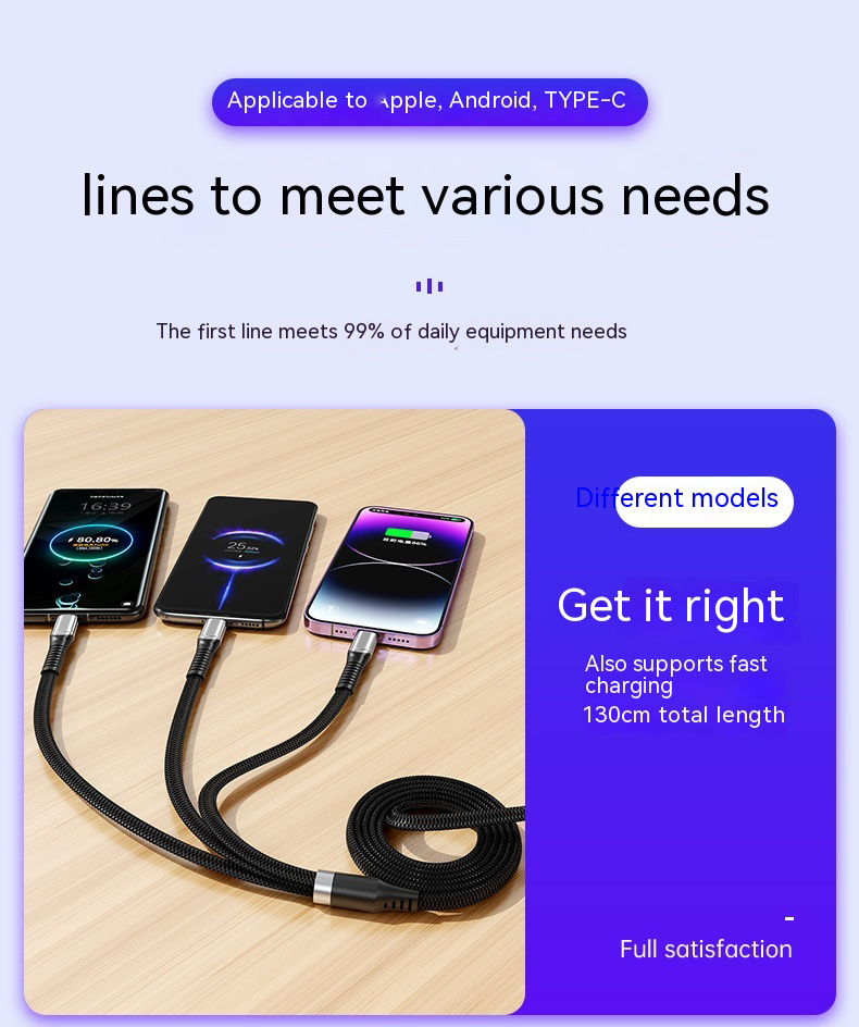 200W Duckbill Super Fast Charge Cable 3 In 1 Zinc Alloy Charger Cord 6A ...