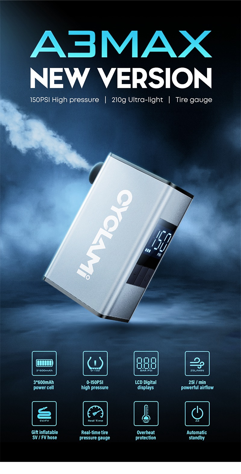 CYCLAMI A3 MAX Mini Electric Air Pump 150 PSI Portable Bicycle Cordless FV AV Inflator Presta ...