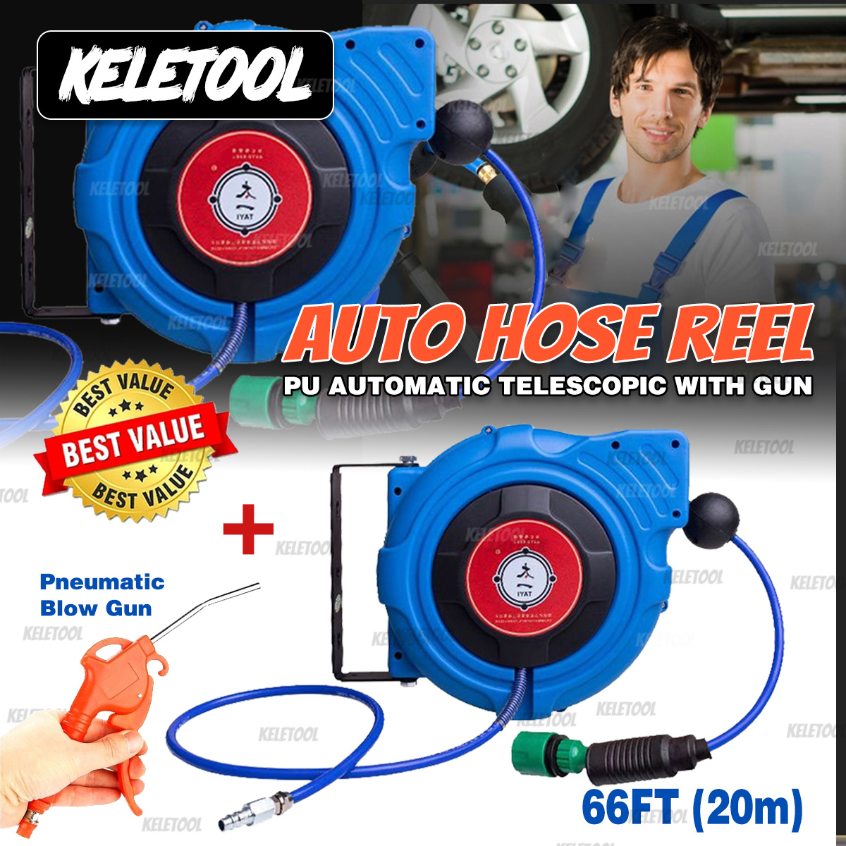 air hose paip air auto gulung 10M / 15M / 20M PU AIR HOSE REEL WITH AIR ...