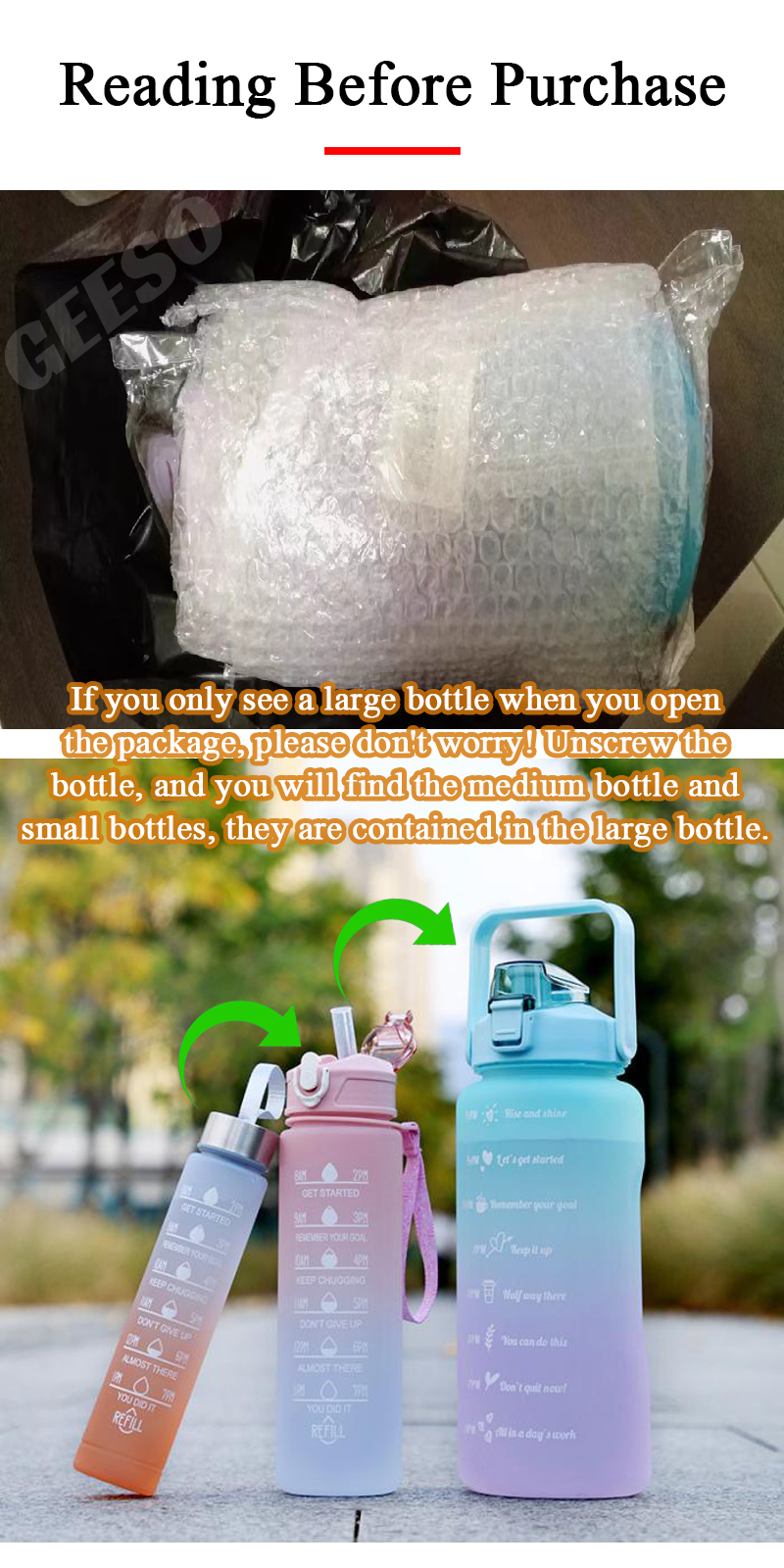 GEESO 3pcs/Set Sports Large Capacity Water Bottle School Girl Children ...