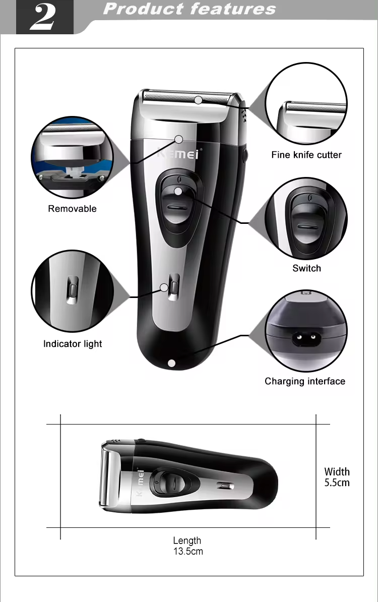 KEMEI KM-9038 Reciprocating Cordless Razor USB Rechargeable Shaving ...