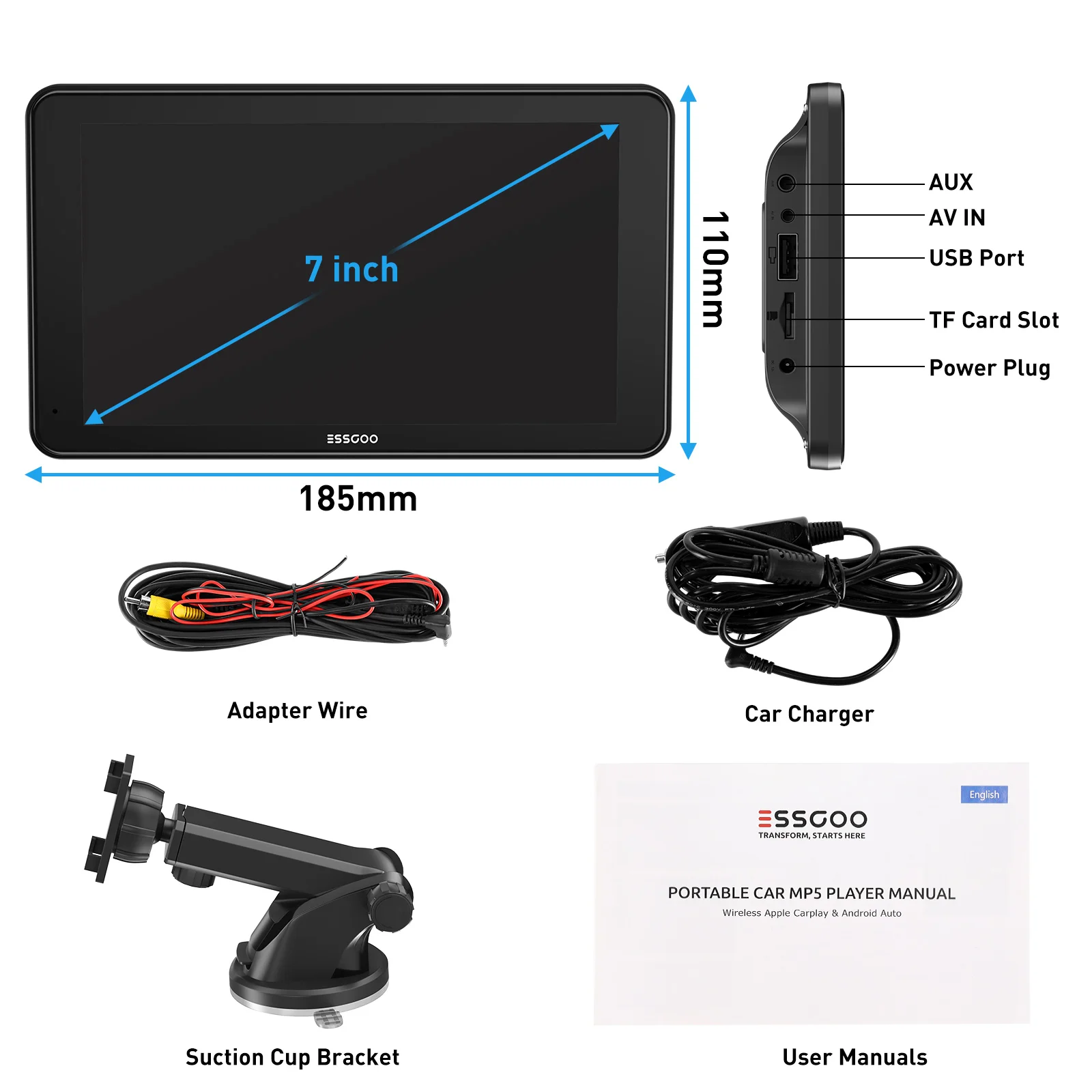 Essgoo 7 Inch Wireless Carplay Dashboard Monitor Portable Car Radio