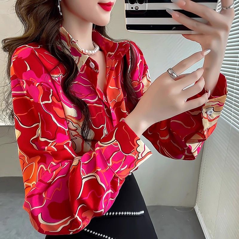 Womens New Flower Print Long Sleeved Chiffon Shirt Summer Casual Loose