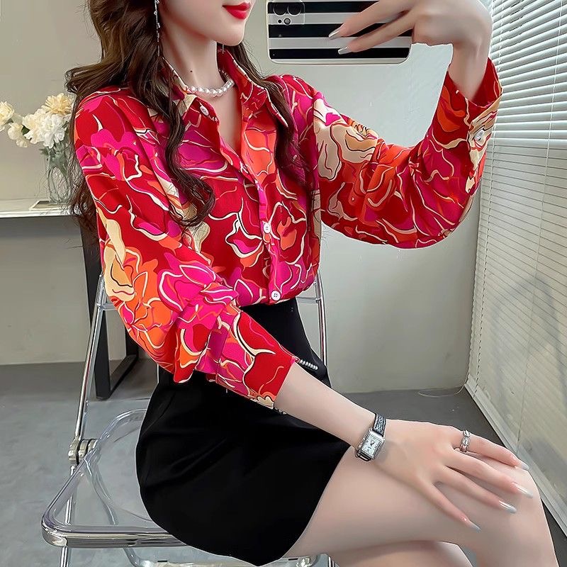 Womens New Flower Print Long Sleeved Chiffon Shirt Summer Casual Loose