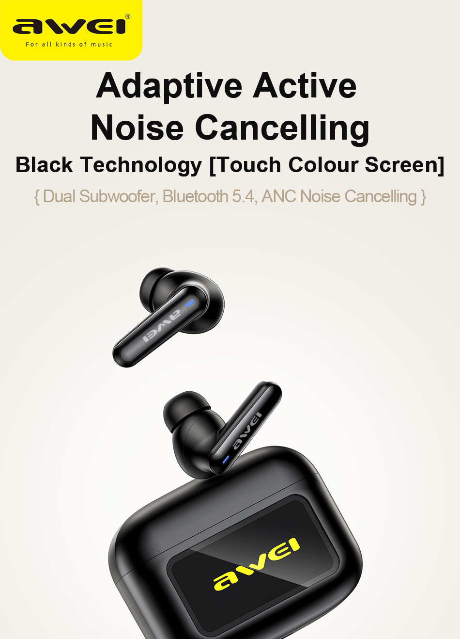 Awei T56 Bluetooth Earphones Smart Touch Screen Bluetooth 5.4 ANC+ENC ...