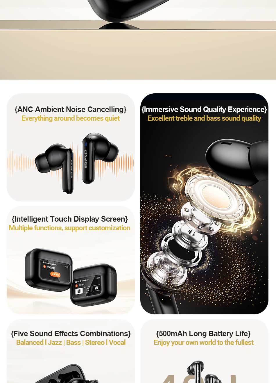 Awei T56 Bluetooth Earphones Smart Touch Screen Bluetooth 5.4 ANC+ENC ...