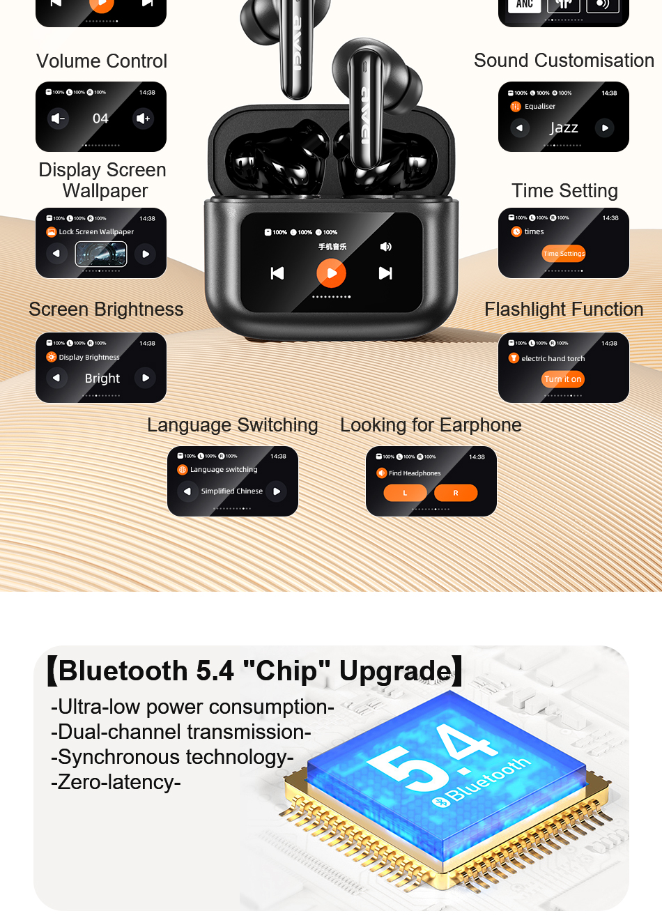 Awei T56 Bluetooth Earphones Smart Touch Screen Bluetooth 5.4 ANC+ENC ...