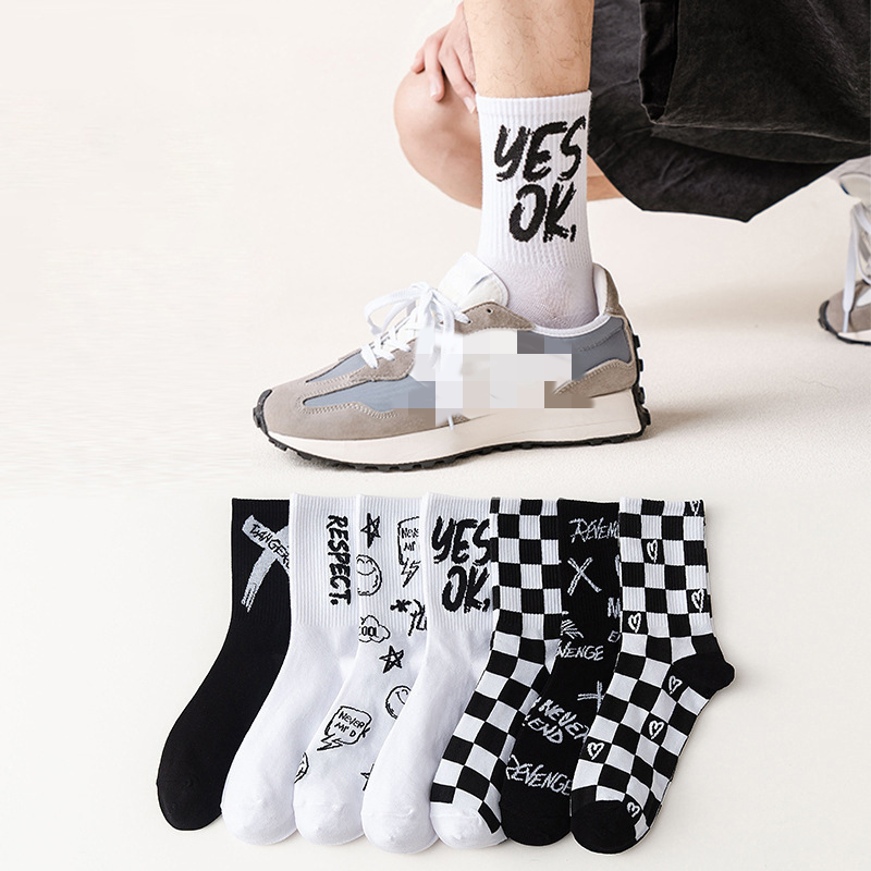 Socks Spring Autumn Style Mid-Tube Socks Black White Checkerboard ...