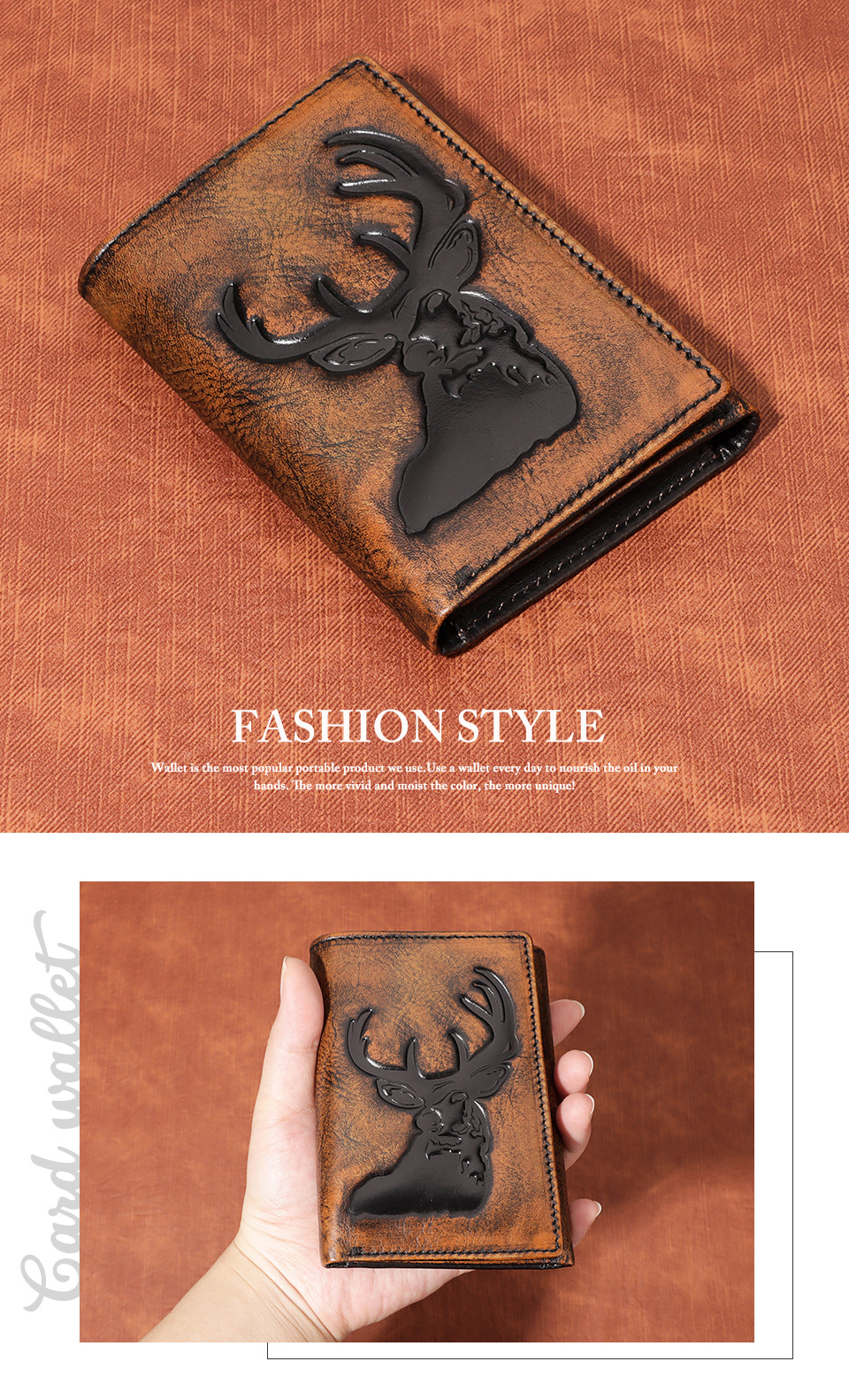 HUMERPAUL Wallet For Men Triple Fold Wallet Deer Design Cowhide surface ...