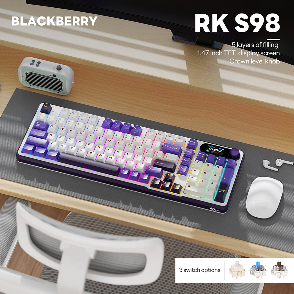 RK Royal Kludge RK S98 Blackberry 98 Keys Tri-Mode RGB Wired Bluetooth 2.4G Wireless 3 Modes ...