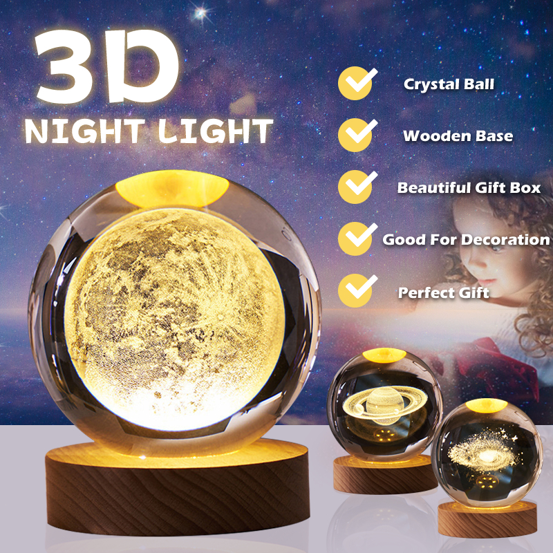 LED Night Light With Wood Base 3D Laser Universe Moon Galaxy Earth ...