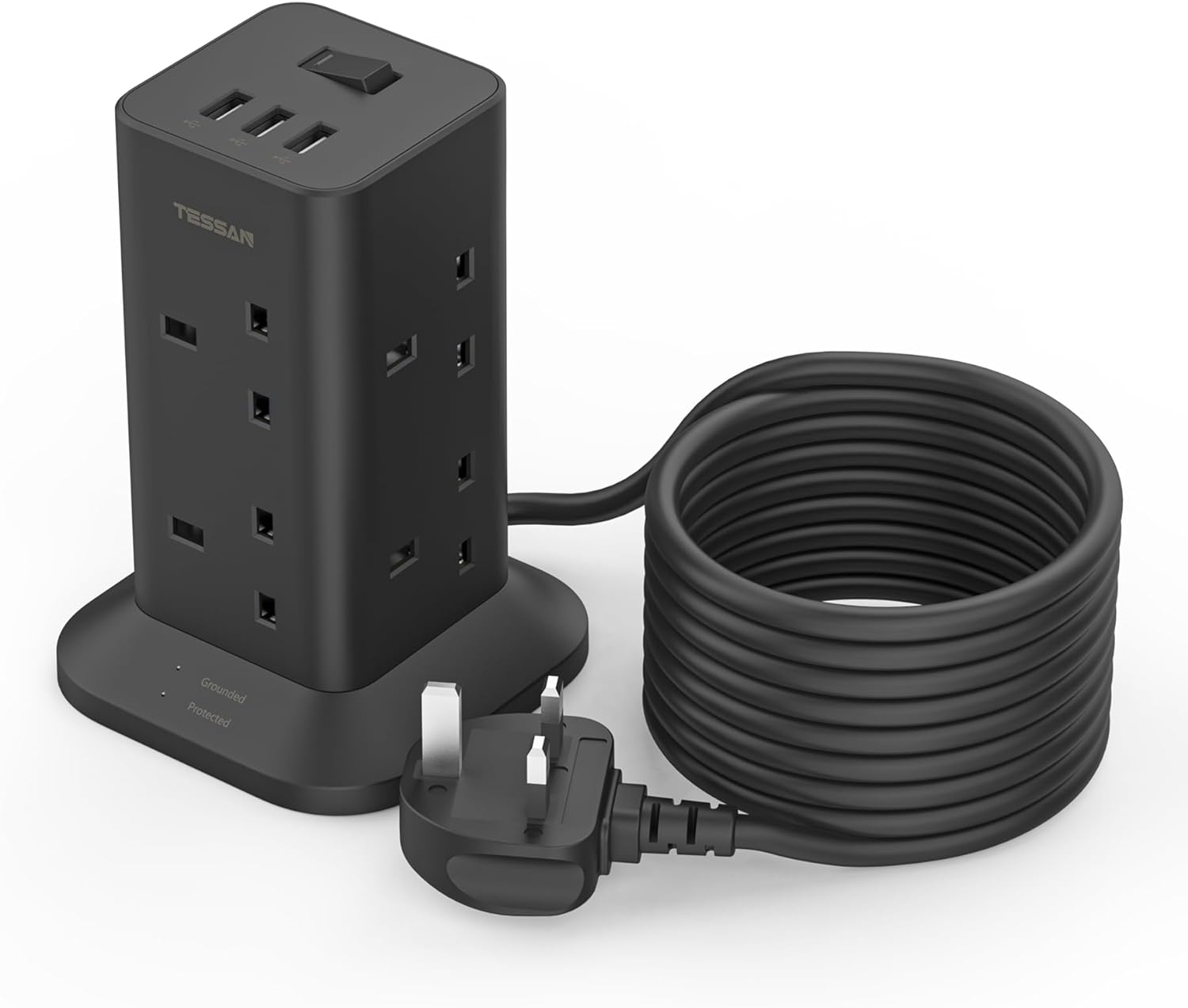 TESSAN Extension Plug Tower Socket with 3 USB, Extension Wire Power ...