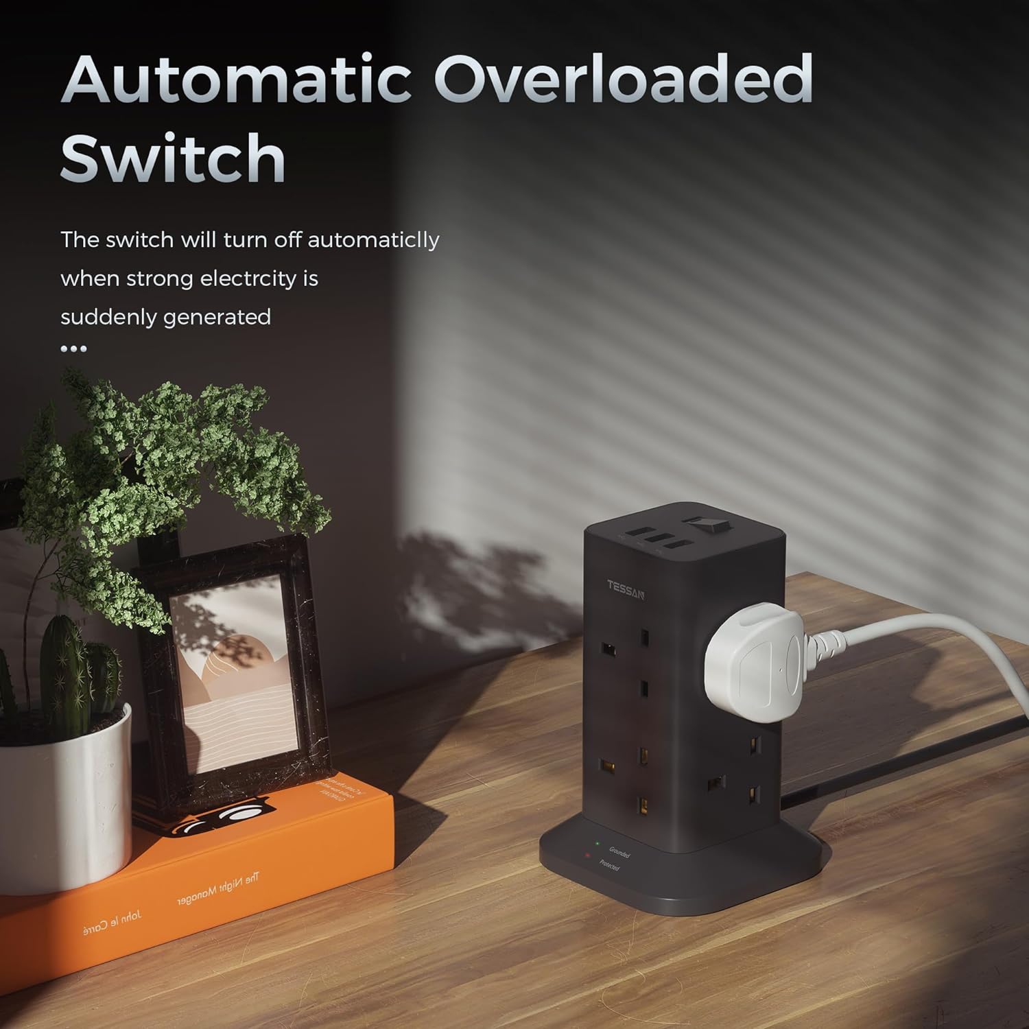 TESSAN Extension Plug Tower Socket with 3 USB, Extension Wire Power ...