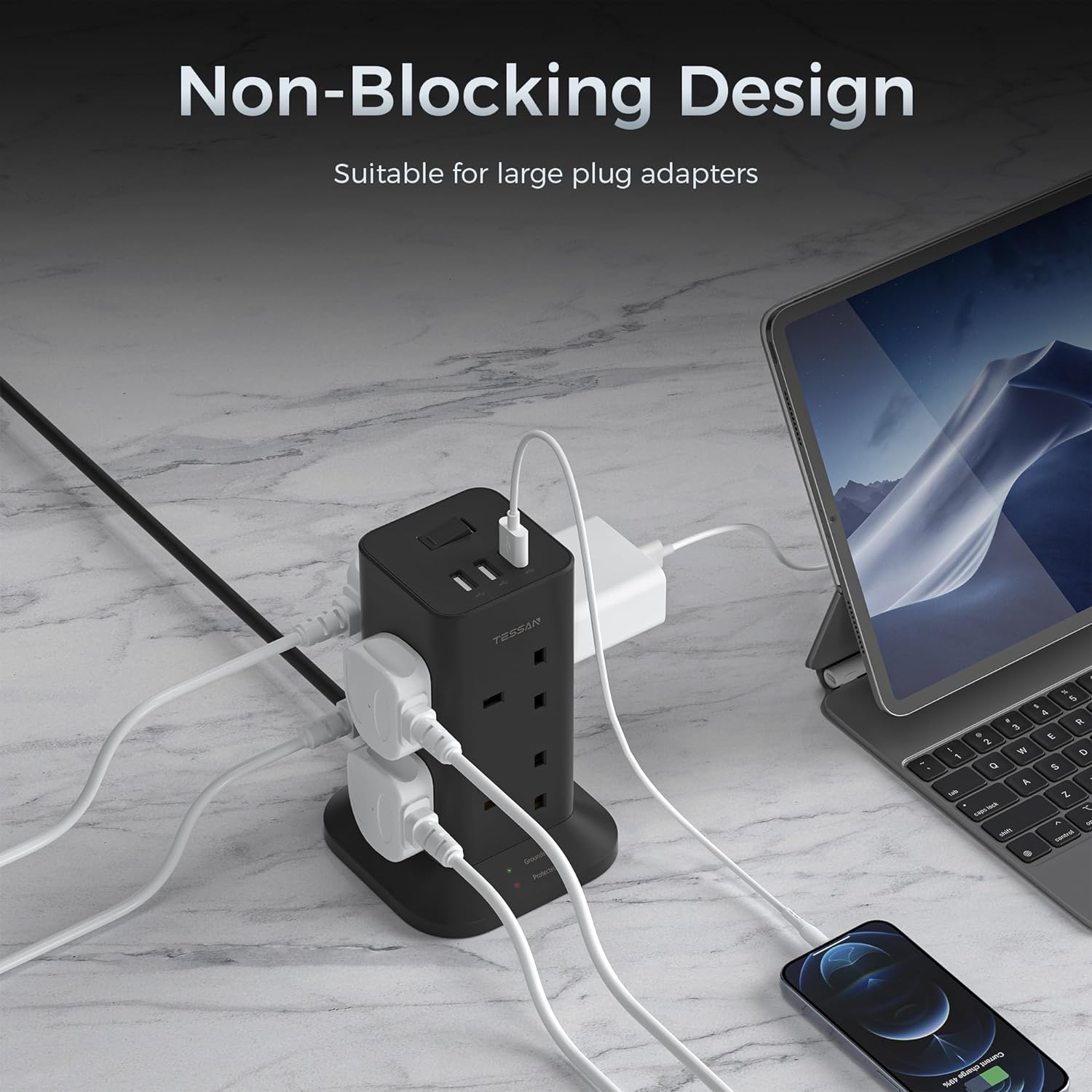 TESSAN Extension Plug Tower Socket with 3 USB, Extension Wire Power ...