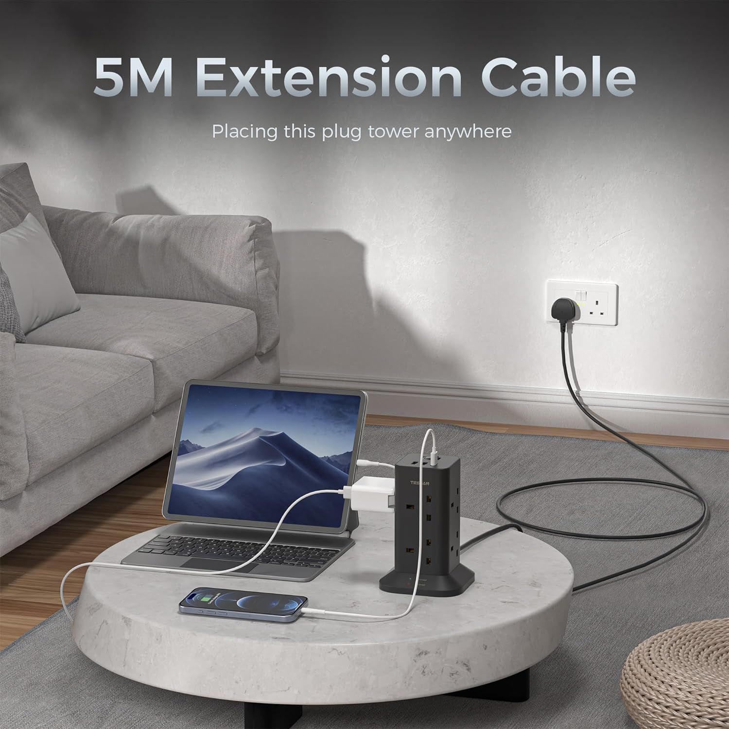 TESSAN Extension Plug with 3 USB, 5M Extension Cord Plug Extension ...
