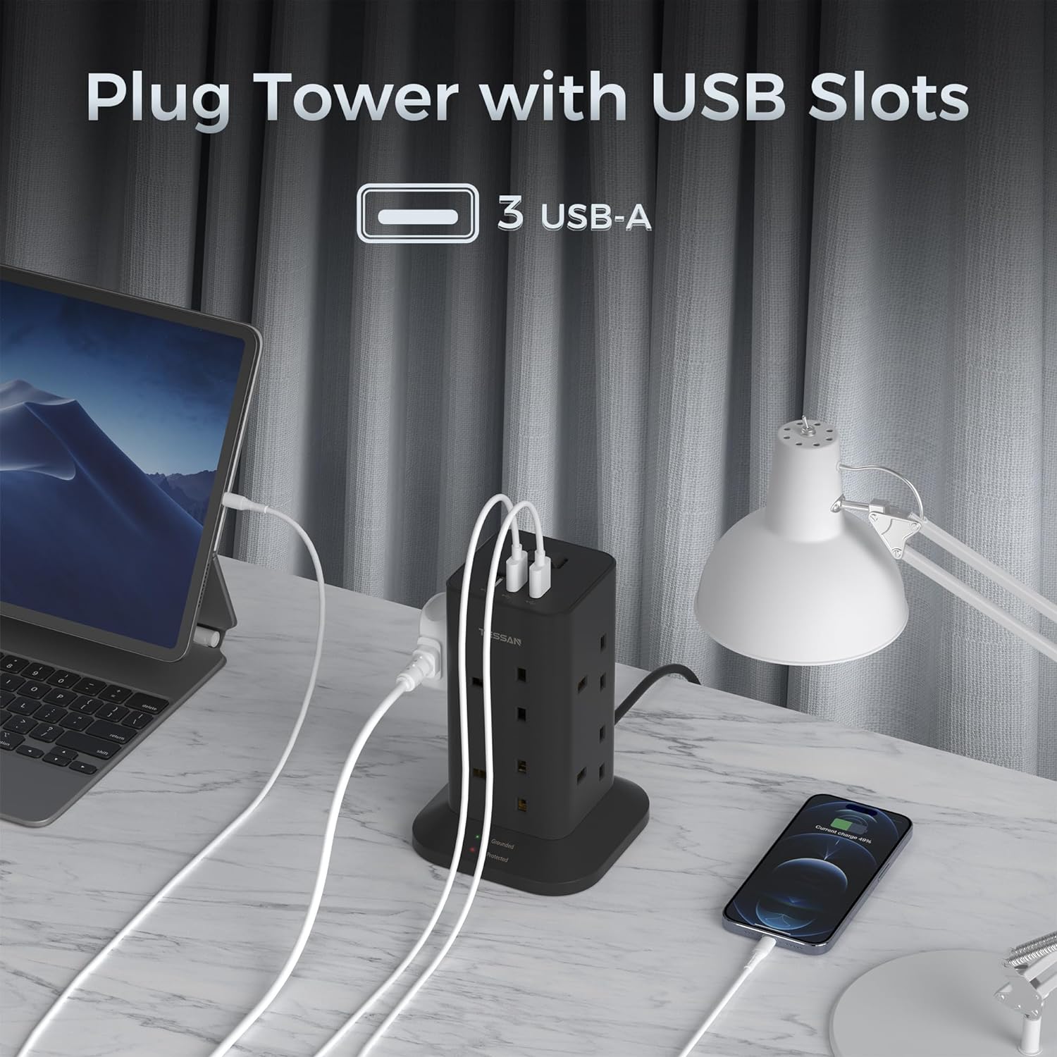 TESSAN Extension Plug Tower Socket with 3 USB, Extension Wire Power ...