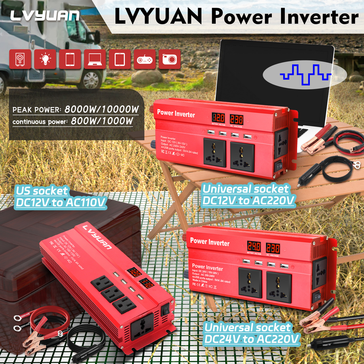 50000W Power Inverter 12v to 220v LCD Display 4 USB Voltage Transformer ...