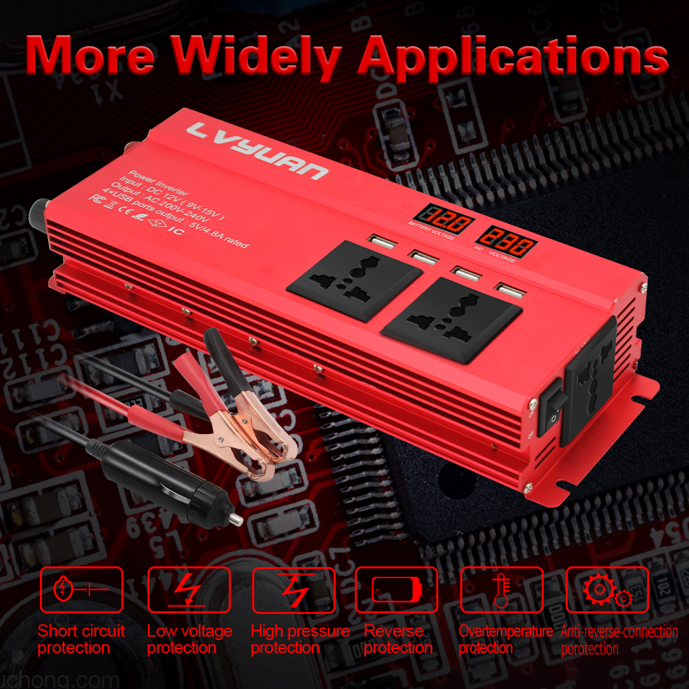 50000W Power Inverter 12v to 220v LCD Display 4 USB Voltage Transformer ...
