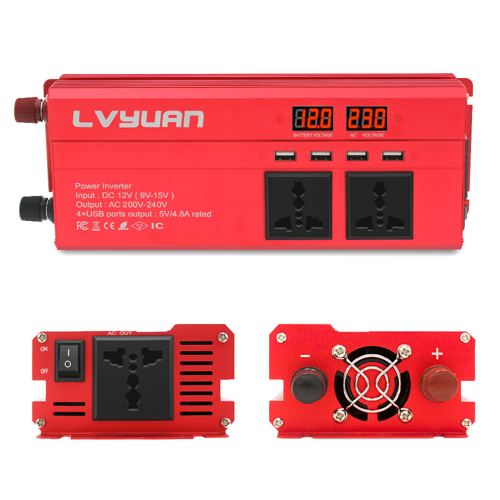 50000W Power Inverter 12v to 220v LCD Display 4 USB Voltage Transformer ...
