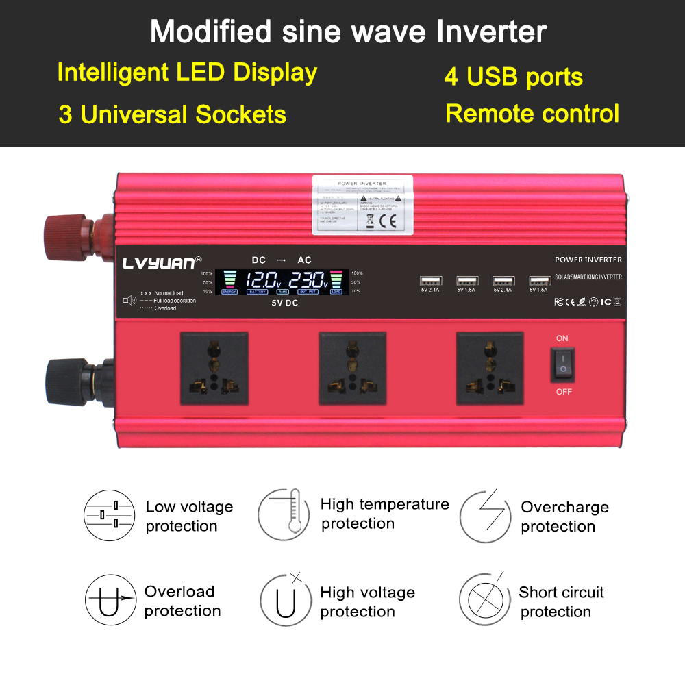 50000W Power Inverter 12v to 220v LCD Display 4 USB Voltage Transformer ...
