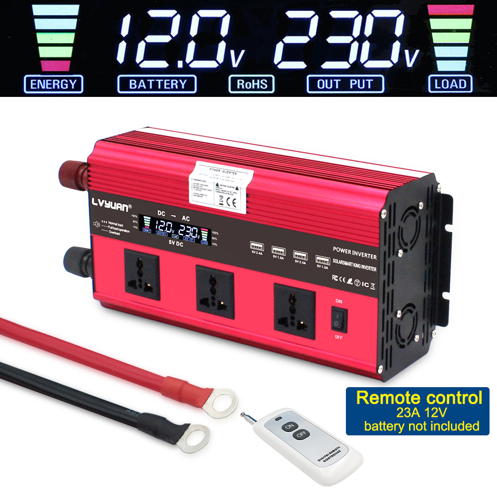 50000W Power Inverter 12v to 220v LCD Display 4 USB Voltage Transformer ...