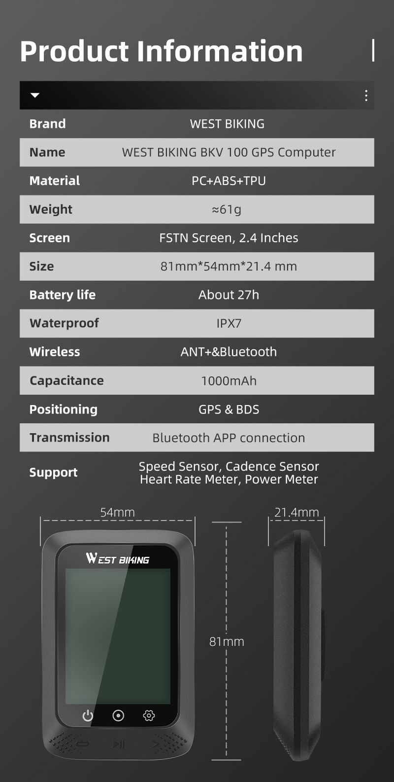 WEST BIKING BKV 100 GPS Bike Computer Speedometer Wireless Power ...