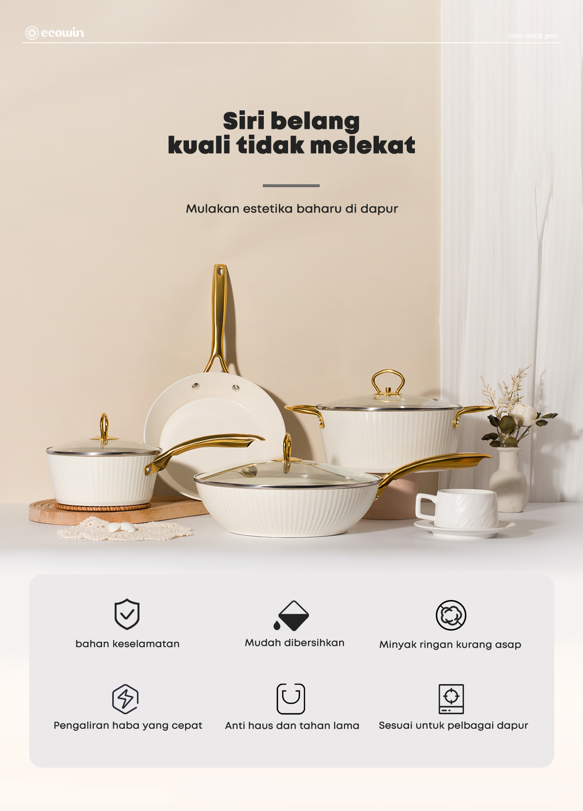 Ecowin Nonstick Ceramic Kuali Non Stick Pan Set Cookware Set Wok + Saucepan + Frying pan + Soup ...