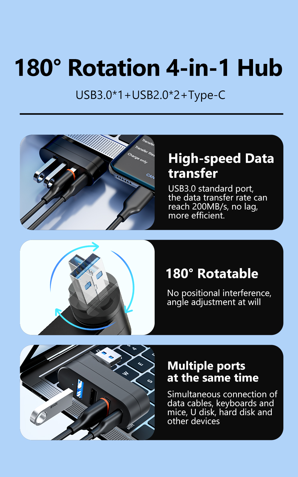 USB Hub Type C OTG 180° Rotatable 4 Port High Speed Data Transfer ...