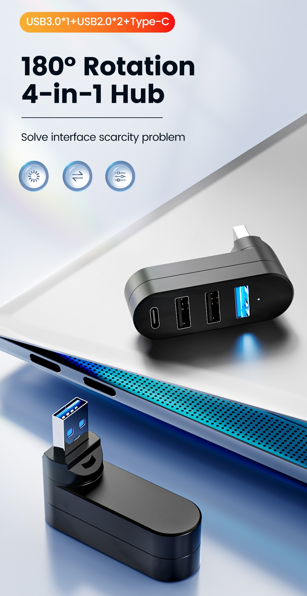 USB Hub Type C OTG 180° Rotatable 4 Port High Speed Data Transfer ...