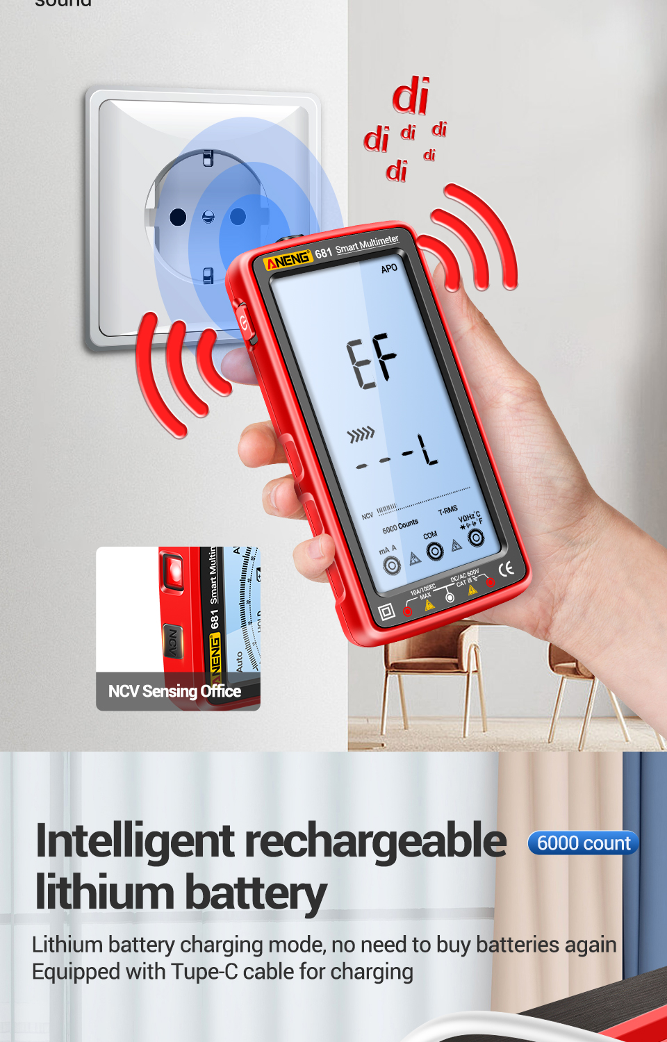 ANENG 681 Non-contact Rechargeable VA Reverse Display Multimeter Auto ...
