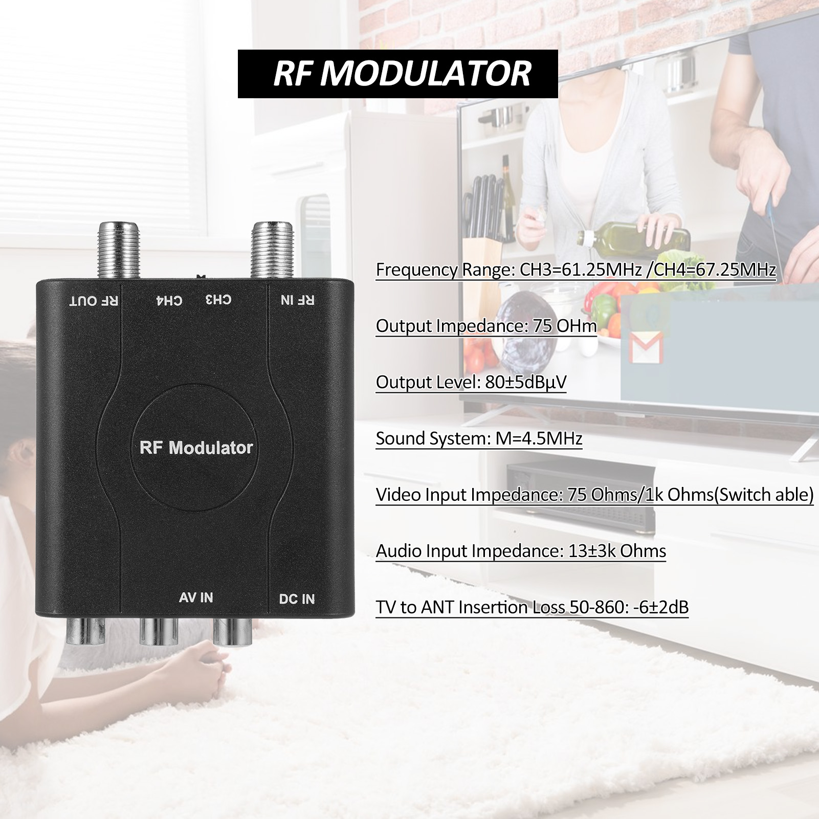 RF Modulator AV to RF Converter NTSC CH3/CH4 Channels Video Input ...