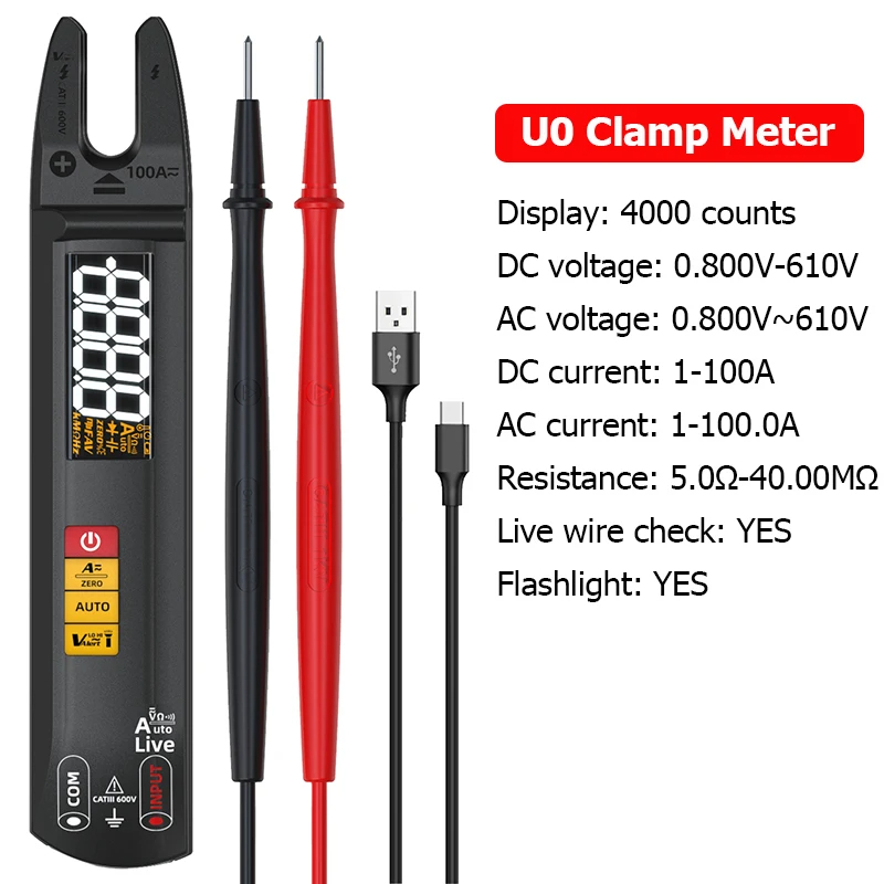U0 Rechargeable Digital Clamp Meter Multimeter Fork DC AC 100A Ammeter ...