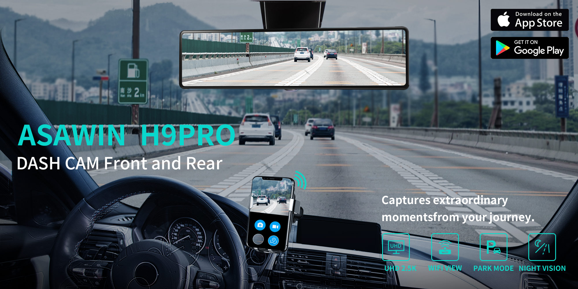 Asawin H9PRO-ST 2K-1080P Rear View Mirror Dash Cam Front and Rear For ...