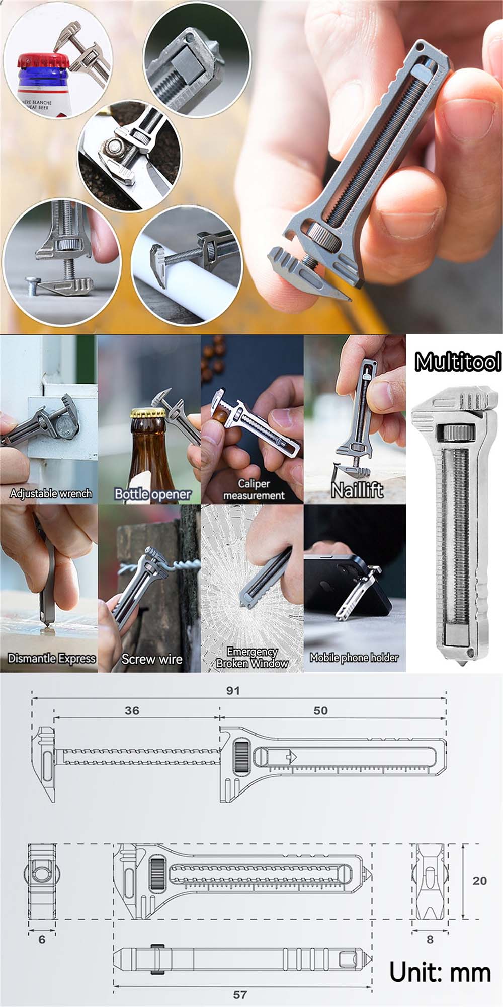 6 in1 Mini Wrench Multifunctional Tool Bottle Opening Measuring Wrench ...