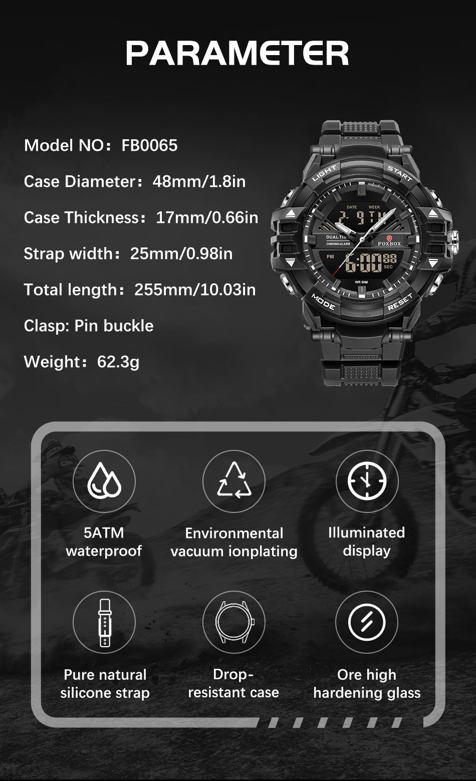 FOXBOX New Digital Watch Men Big Dial Dual Display Outdoors Waterproof ...