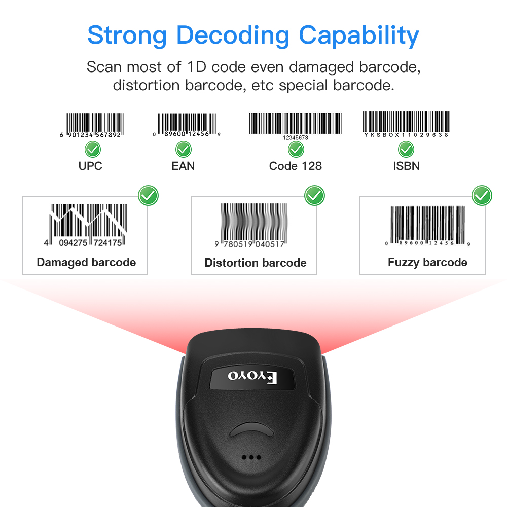 Eyoyo 1D Wireless Barcode Scanner with Date Display, with Bluetooth & 2 ...