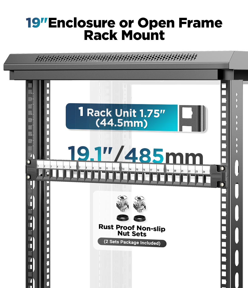 AMPCOM 24 Port Blank Keystone Patch 1U STP/UTP Rack Wall Mount with ...