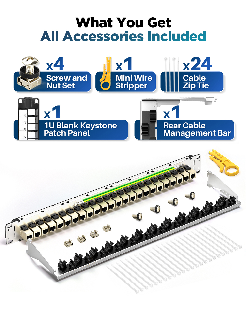 AMPCOM 24 Port Blank Keystone Patch 1U STP/UTP Rack Wall Mount with ...