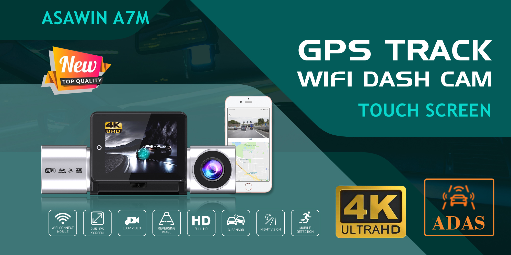 Asawin A7 4K GPS Dash Cam Wifi ADAS LDWS FCWS Car dvr 2.35" Touch Ips ...