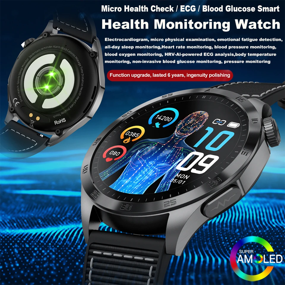 2024 New AMOLED Screen Men Medical Grade Smartwatch Blood Lipid Uric ...
