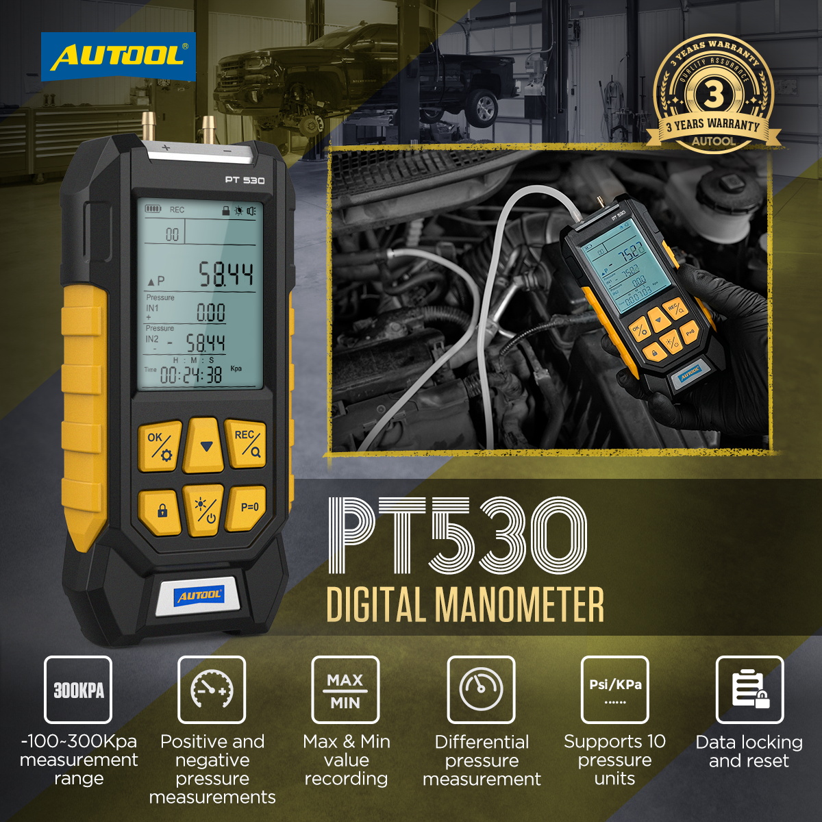 AUTOOL Digital Manometer PT530 300KPa Manifold Gauge Differential ...