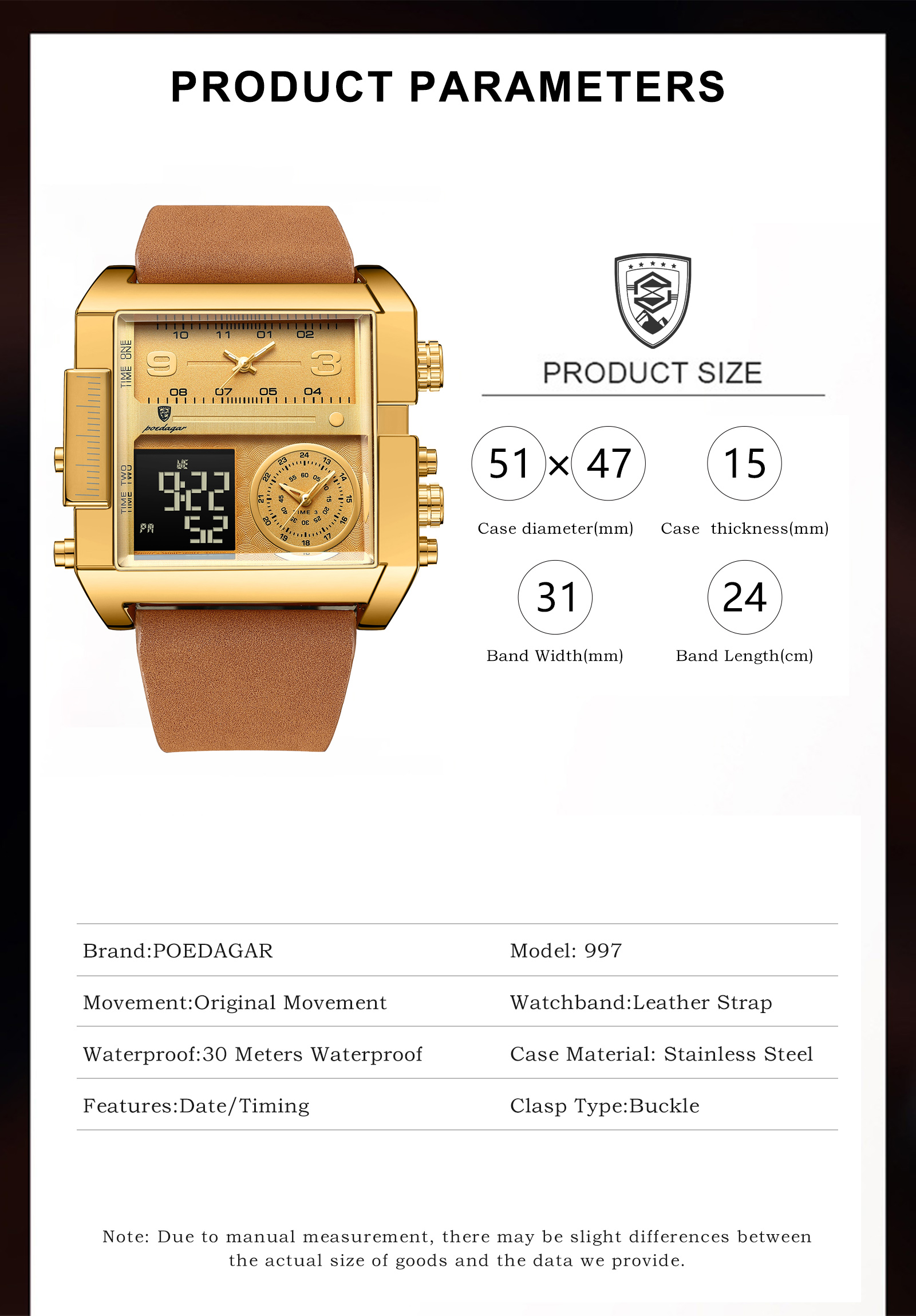 Poedagar luxury business style large dial with dual display digital ...