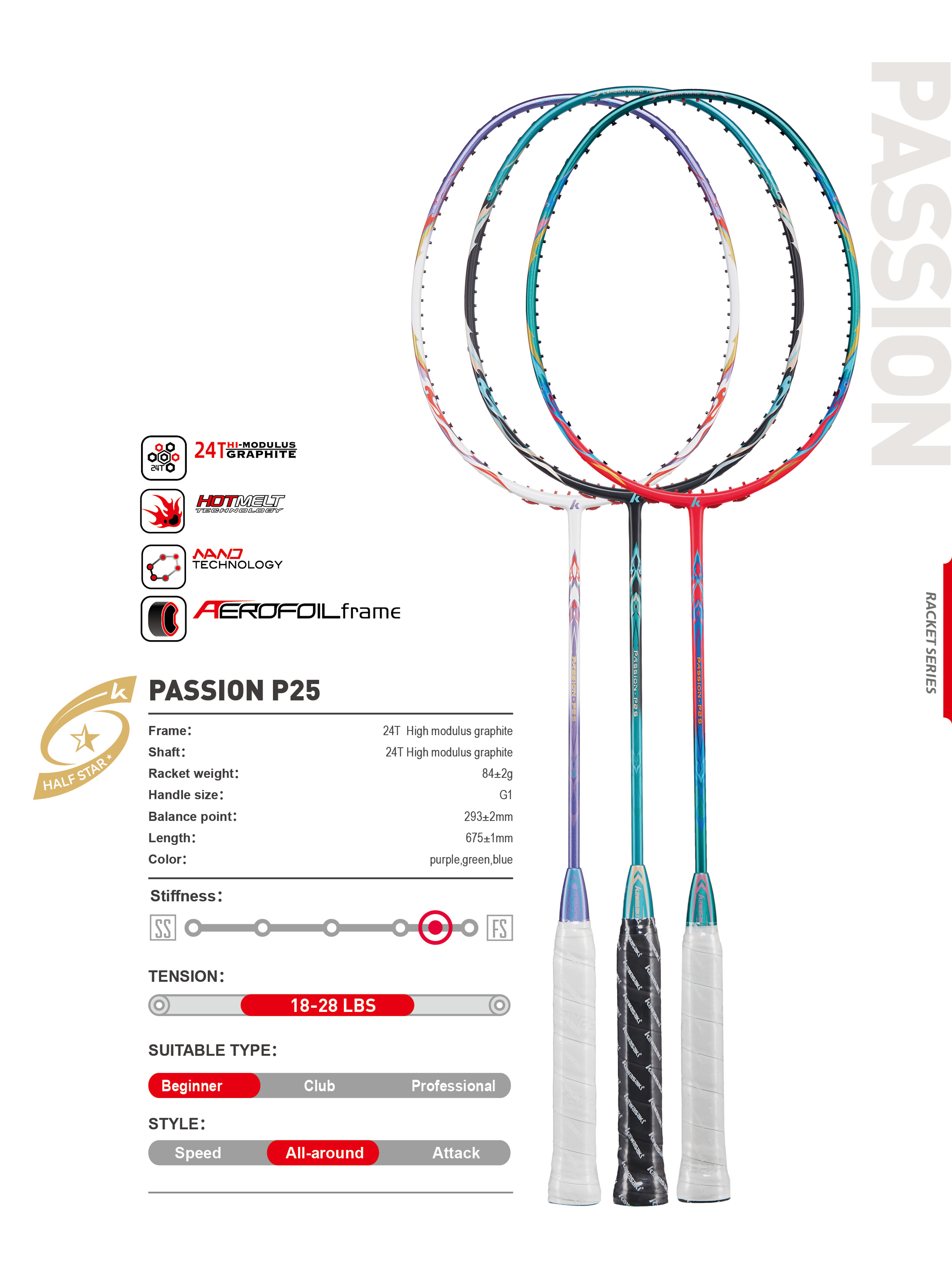 Kawasaki Badminton Racket Full Carbon PASSION P22/P25/P26 18-28LBS 4U ...