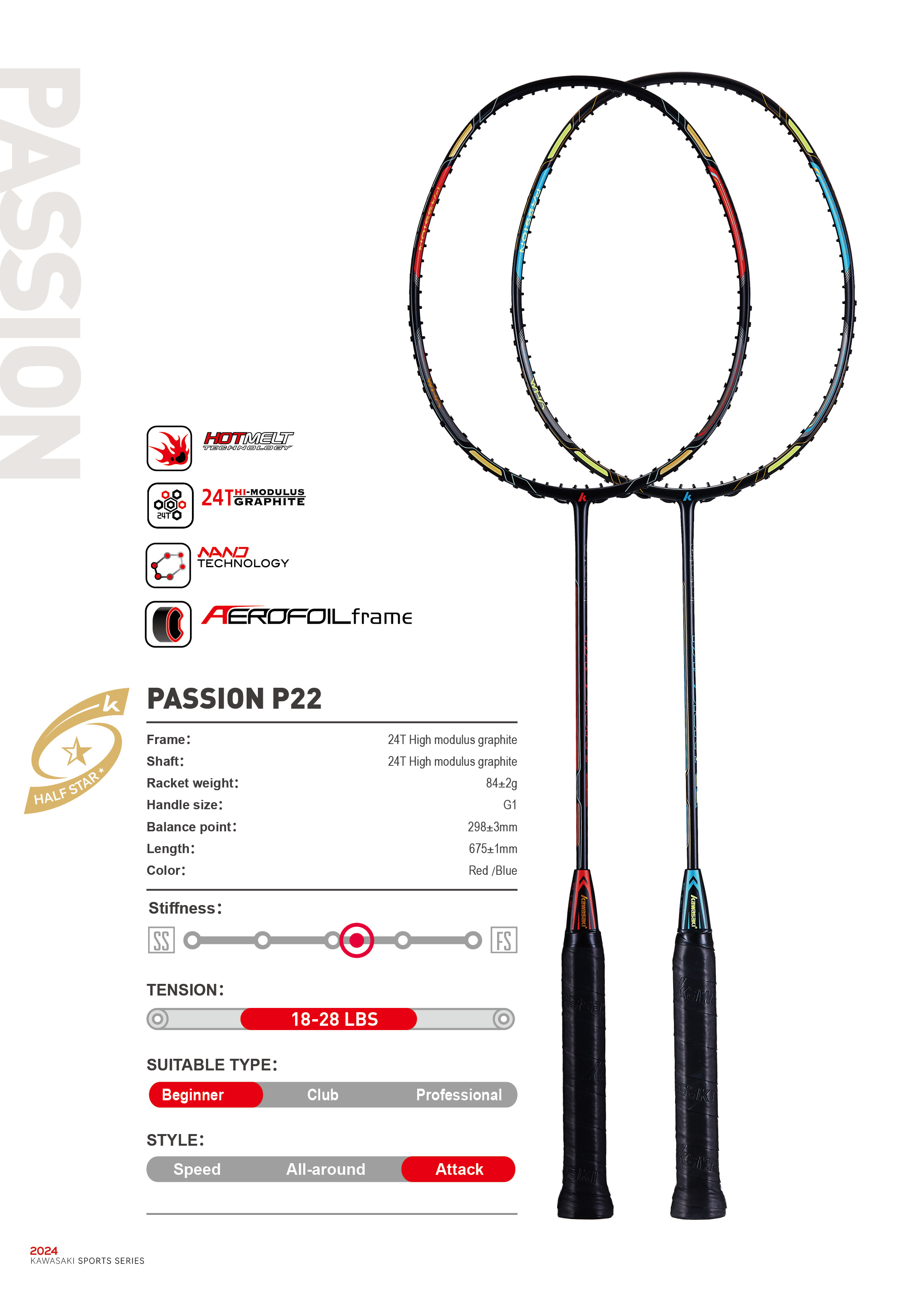 Kawasaki Badminton Racket Full Carbon PASSION P22/P25/P26 18-28LBS 4U ...