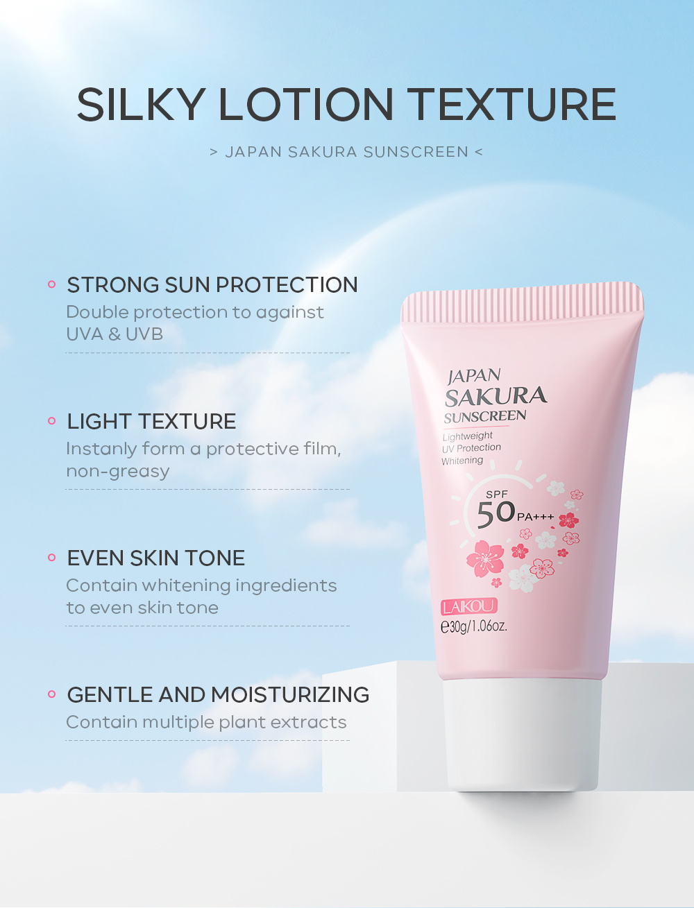 LAIKOU Japan Sakura Sunblock Face Sunscreen Lotion 30g*2Pcs SPF 50 PA+++ Protection Refreshing ...