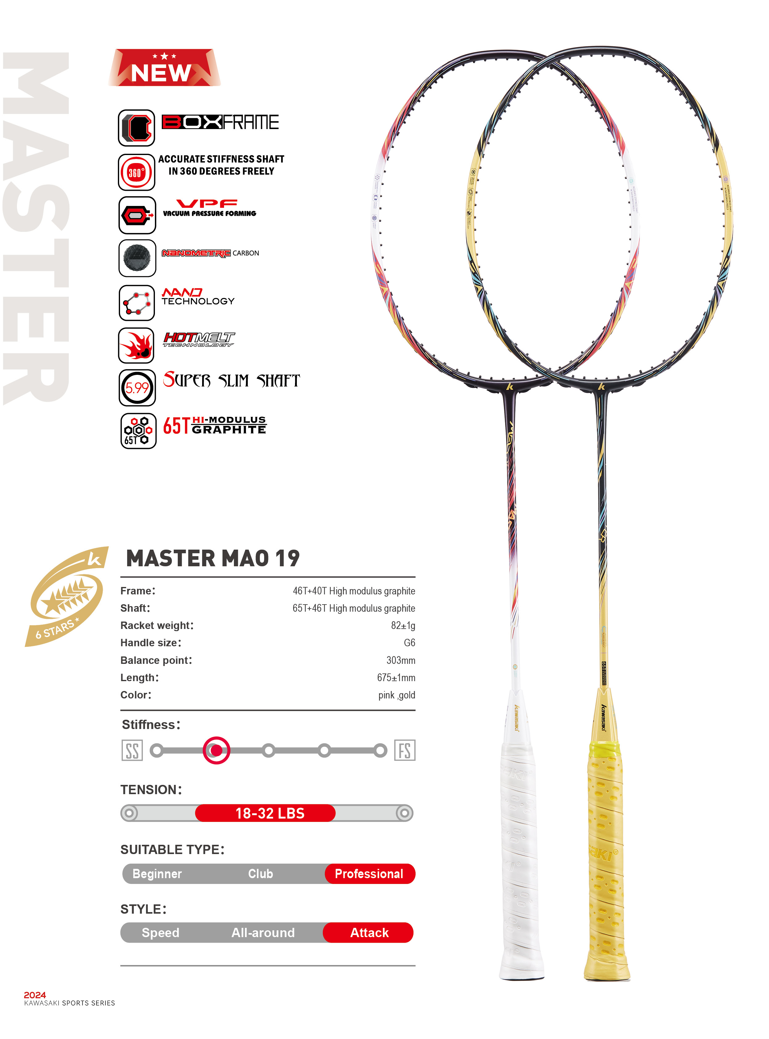 Kawasaki Professional Badminton Racket Master Mao 19 65T High Modulus ...