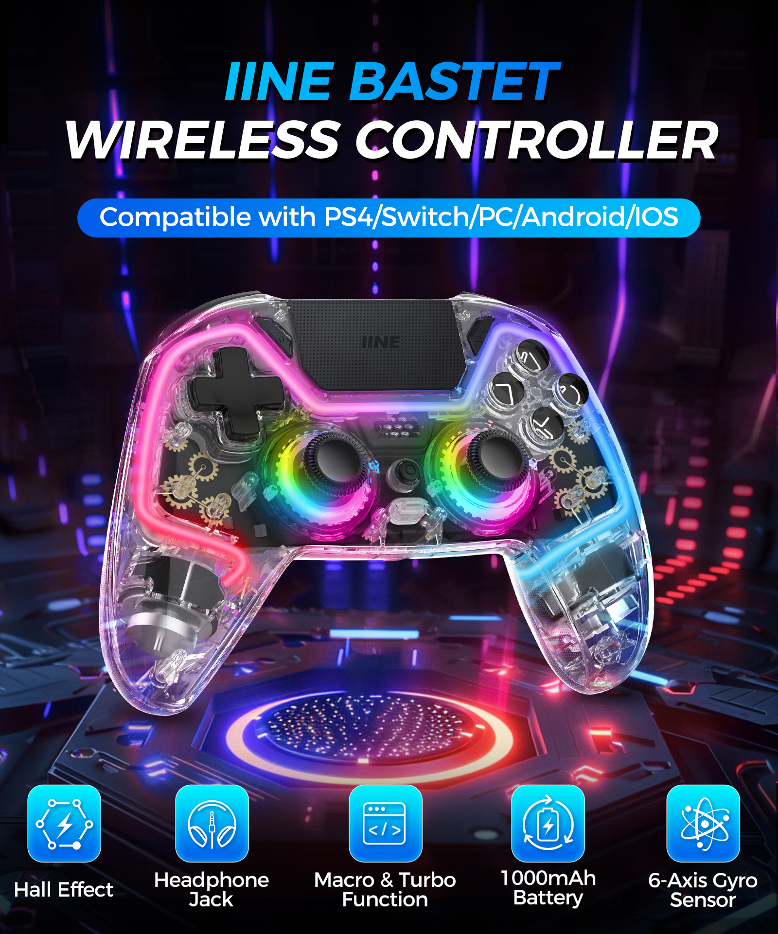 IINE Bastet Wireless Transparent Controller for PS4/Switch/PC/Android ...